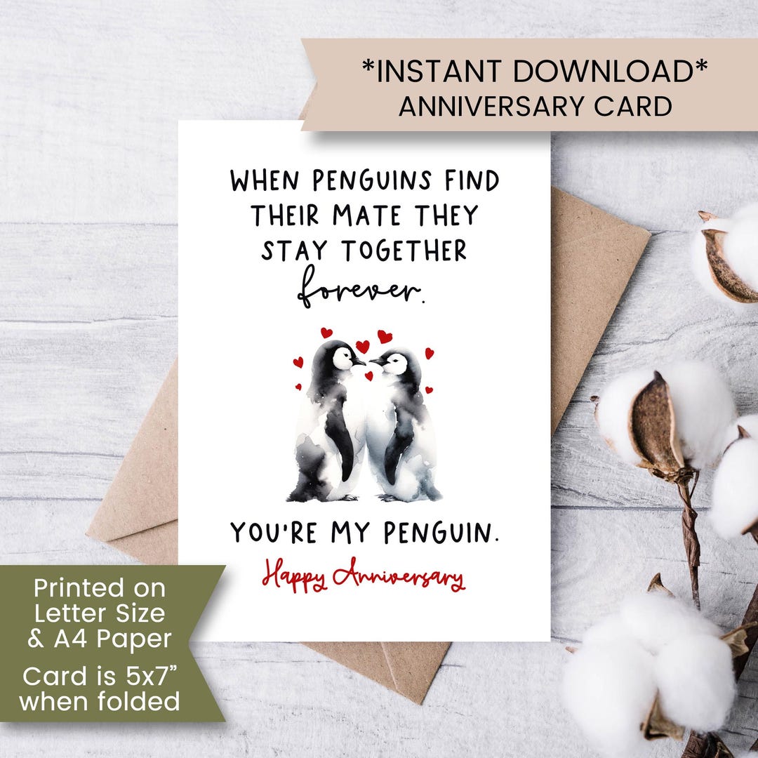 Printable Penguin Anniversary Card for Husband, for Wife, for Fiancé ...