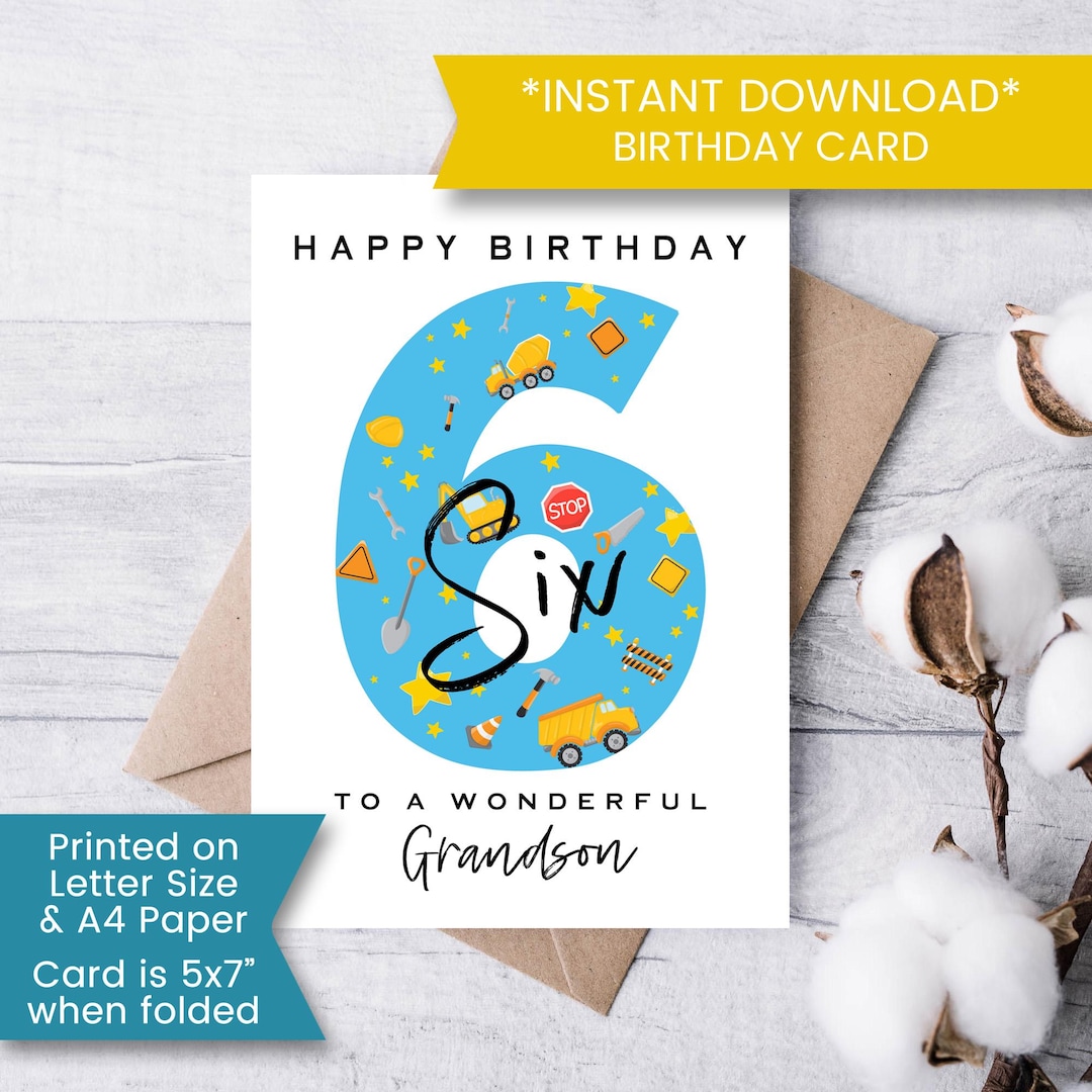 Printable 6th Birthday Card for Grandson, Construction Birthday Card ...