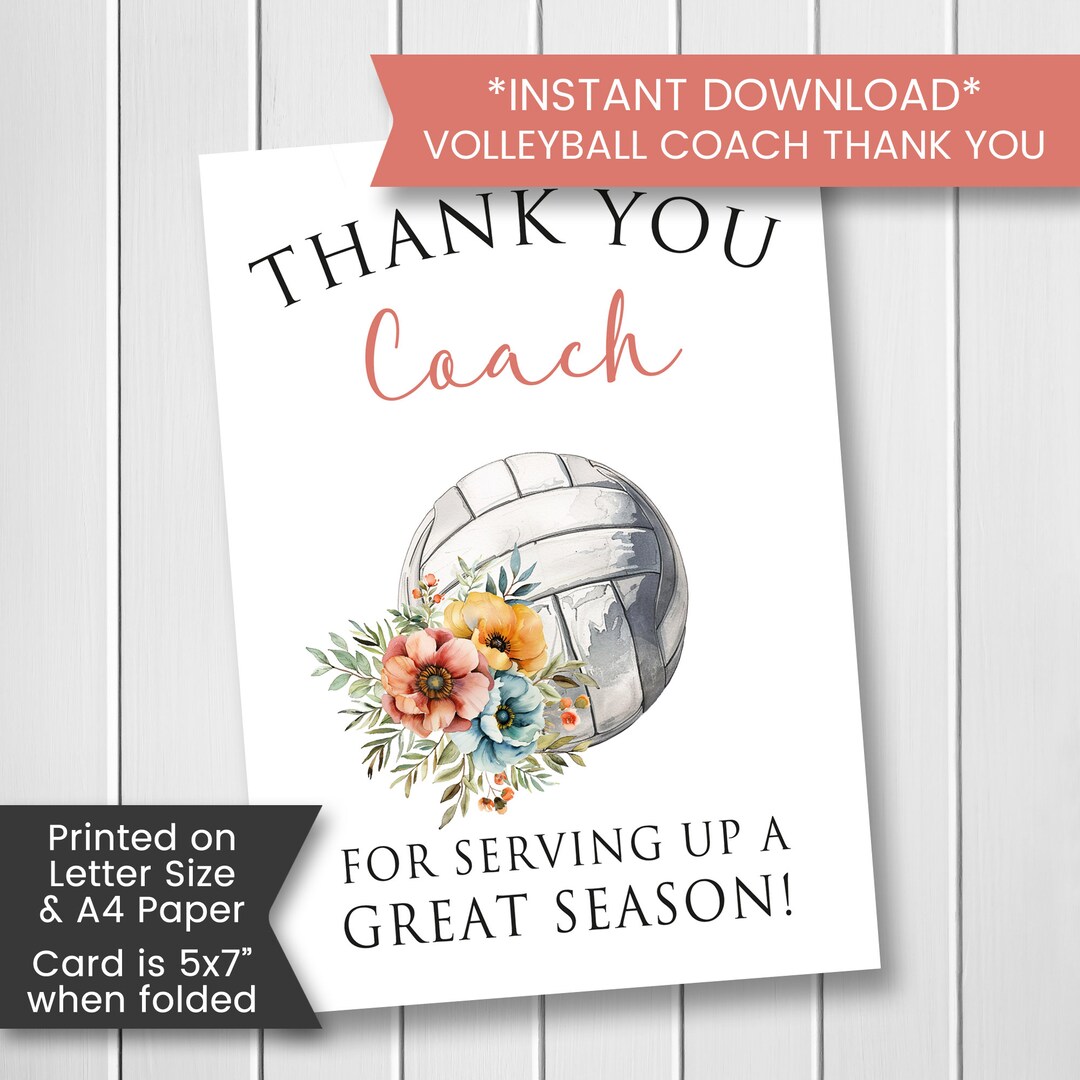 Printable Volleyball Thank You Card for Coach, Thank You for Volleyball ...