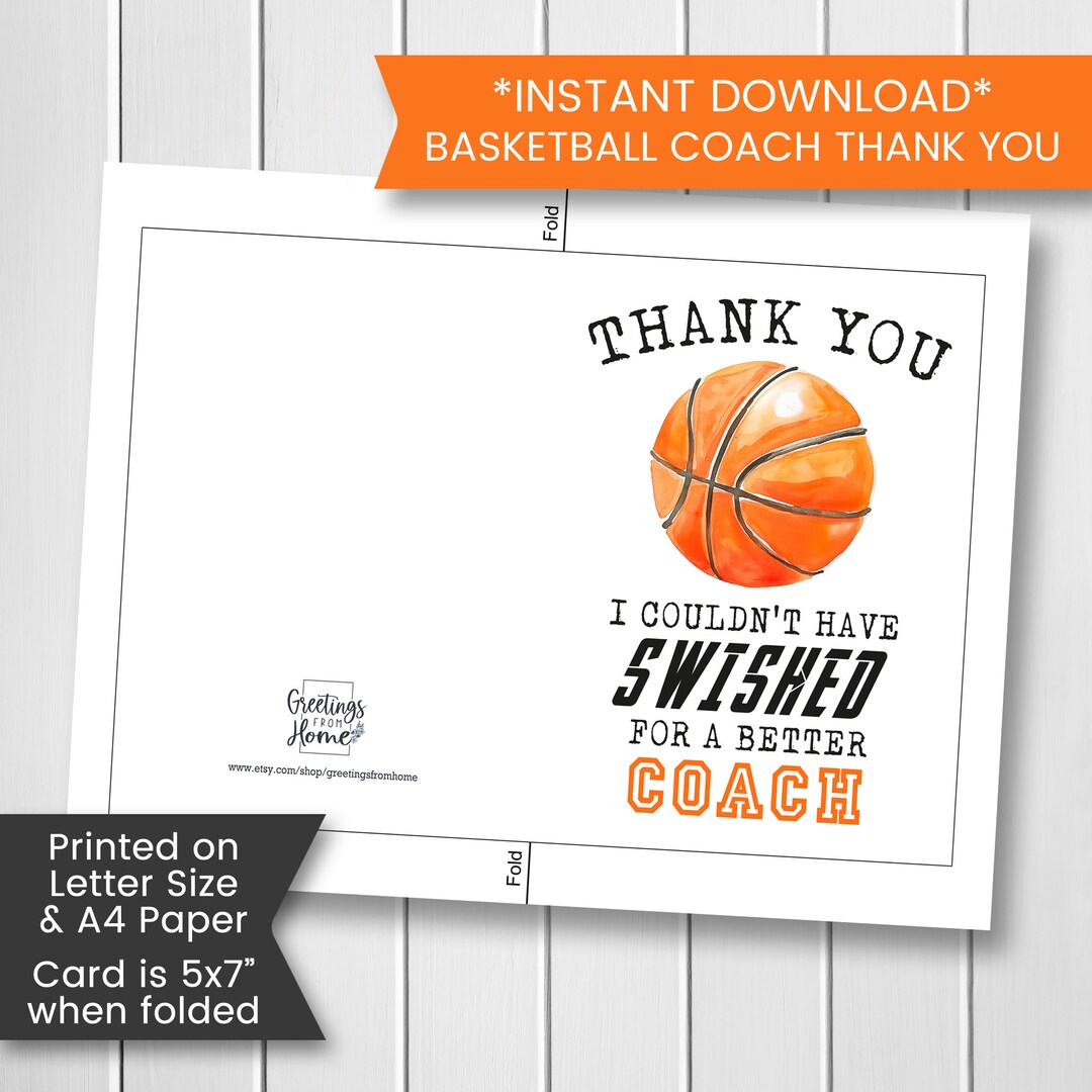 Printable Basketball Coach Thank You Card for Coach, Thank You for ...