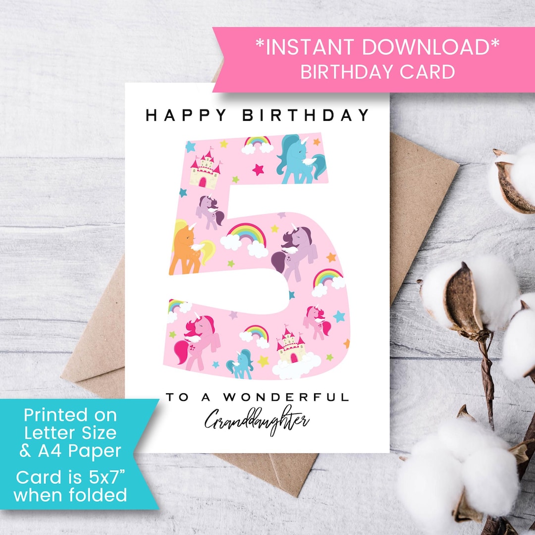 Granddaughter Birthday Card 5 Printable, Unicorn 5th Birthday Card ...