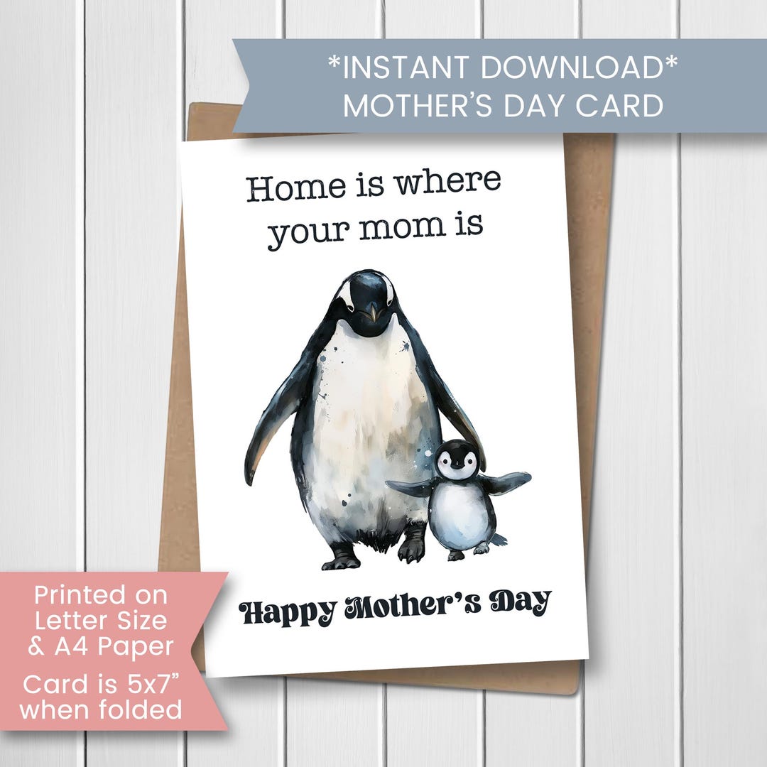 Printable Penguin Mothers Day Card for Mom, Penguin Card Mothers Day ...