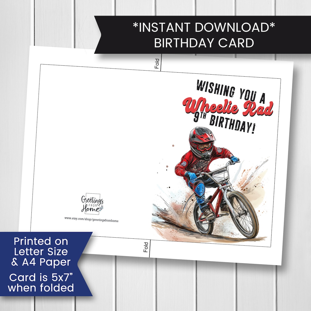 BMX Bike Birthday Card Printable BMX 9th Birthday Card, Ninth Birthday ...