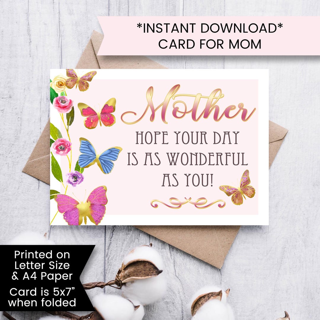Printable Butterfly Birthday Card for Mom, Mother's Day Card, Butterfly ...