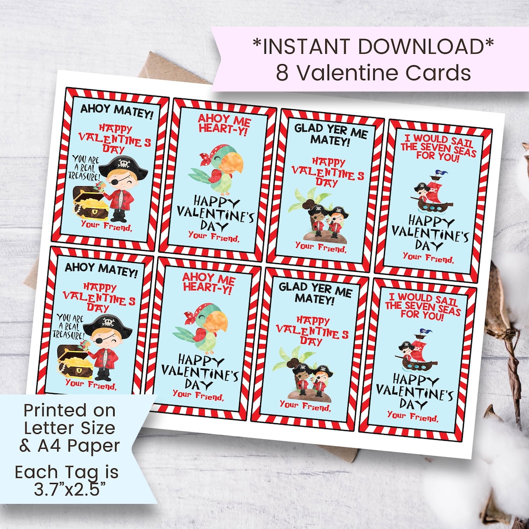 Printable Pirate Valentine's Day Cards, Valentines Day Tags, Valentines ...