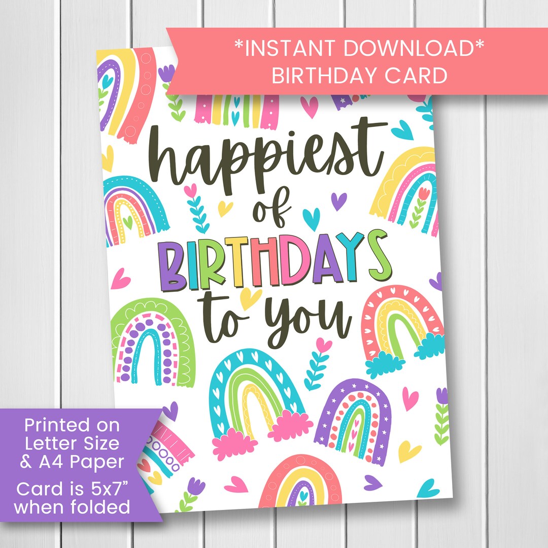 Rainbow Birthday Card for Girl Printable, Rainbow Card for Kids ...