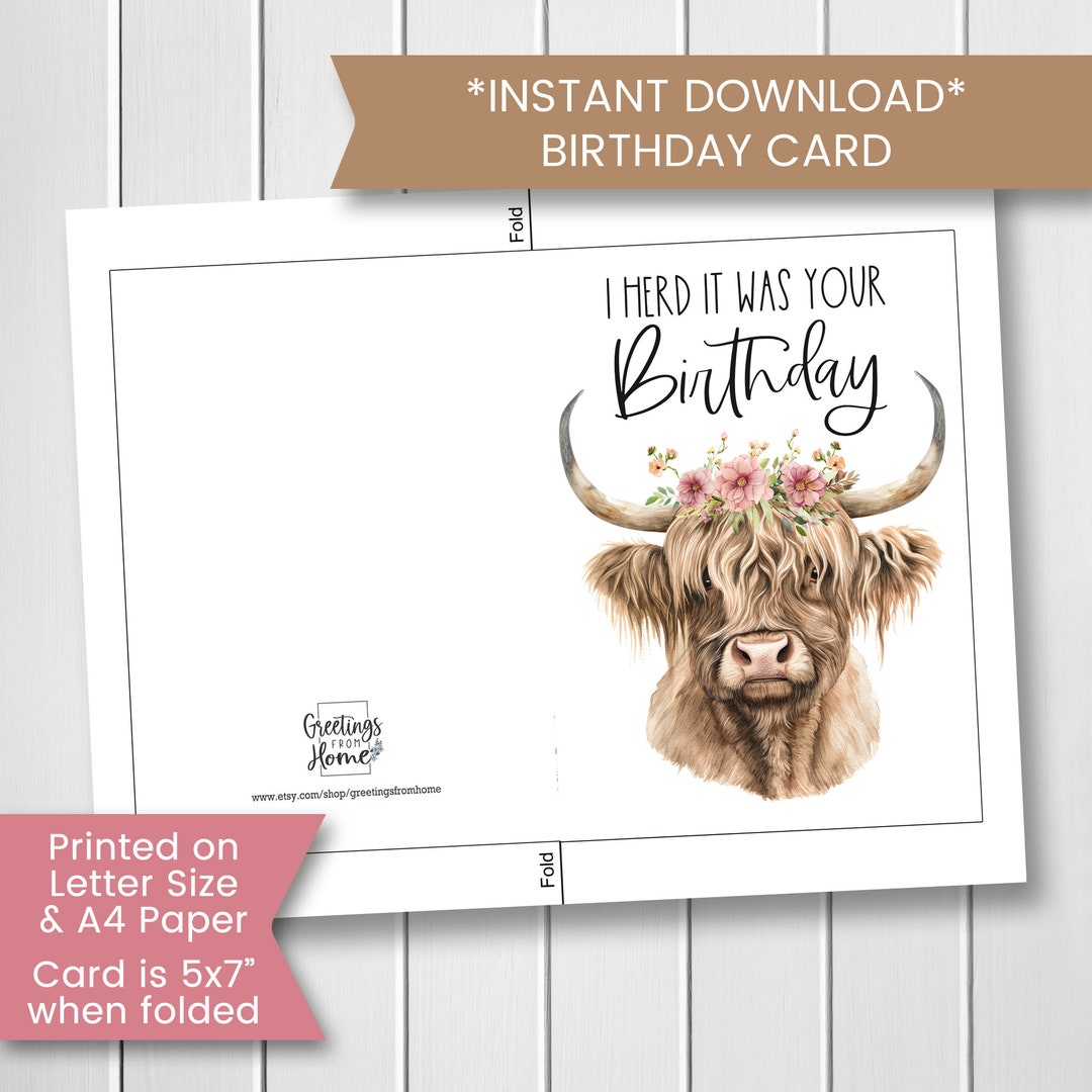 Highland Cow Birthday Card, Birthday Card With Cow, Printable Highland ...