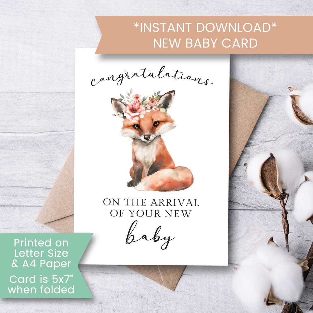 Printable Baby Shower Card With Fox, Congratulations on Your New Baby ...