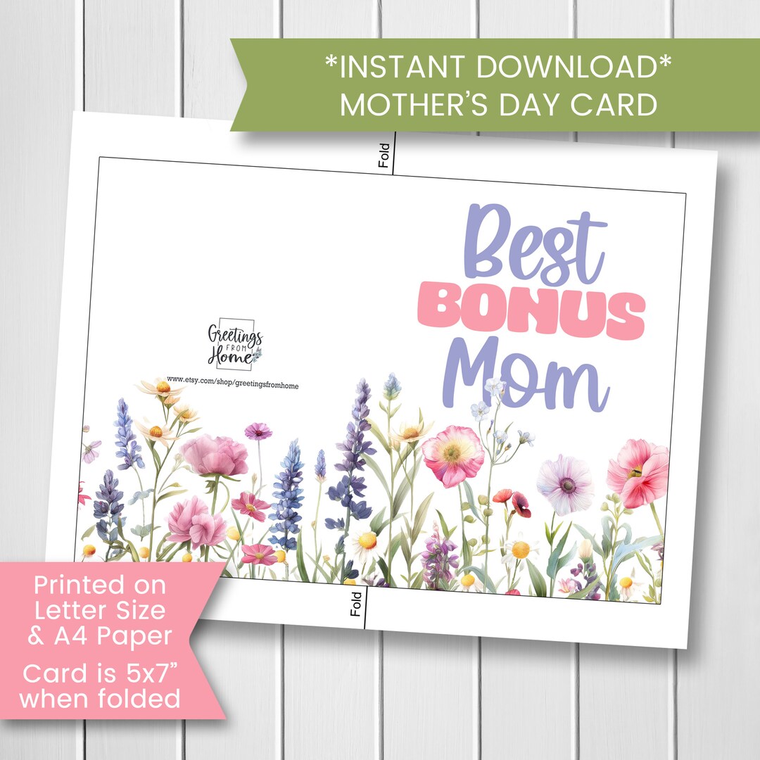 Printable Mother's Day Card for Step Mom, Best Bonus Mom Mother's Day ...
