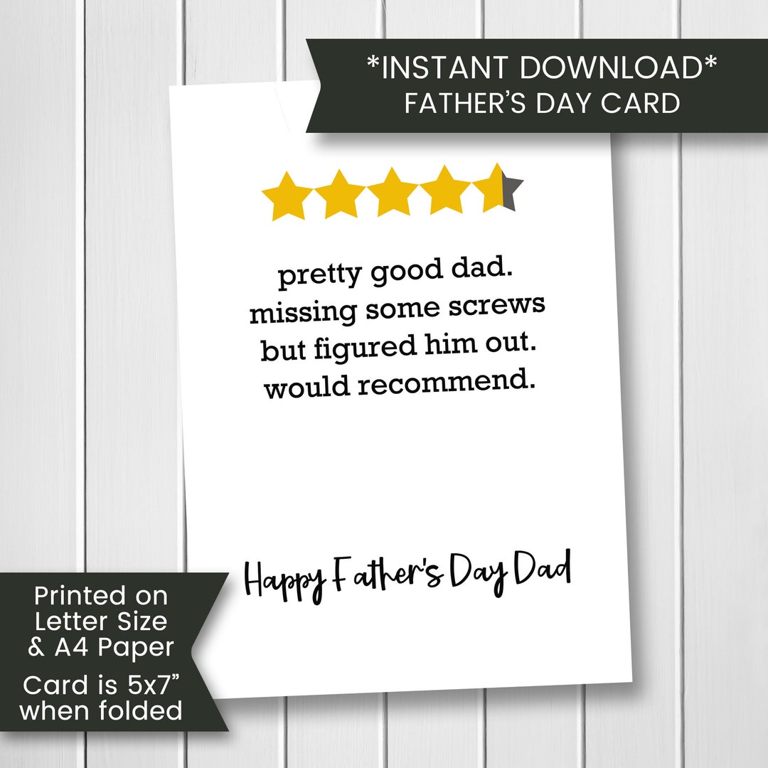 Printable Star Rating Father's Day Card for Dad, Funny Review Father's ...