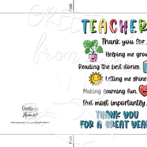 Printable Thank You Card for Teacher, Year End Teacher Card, Teacher ...