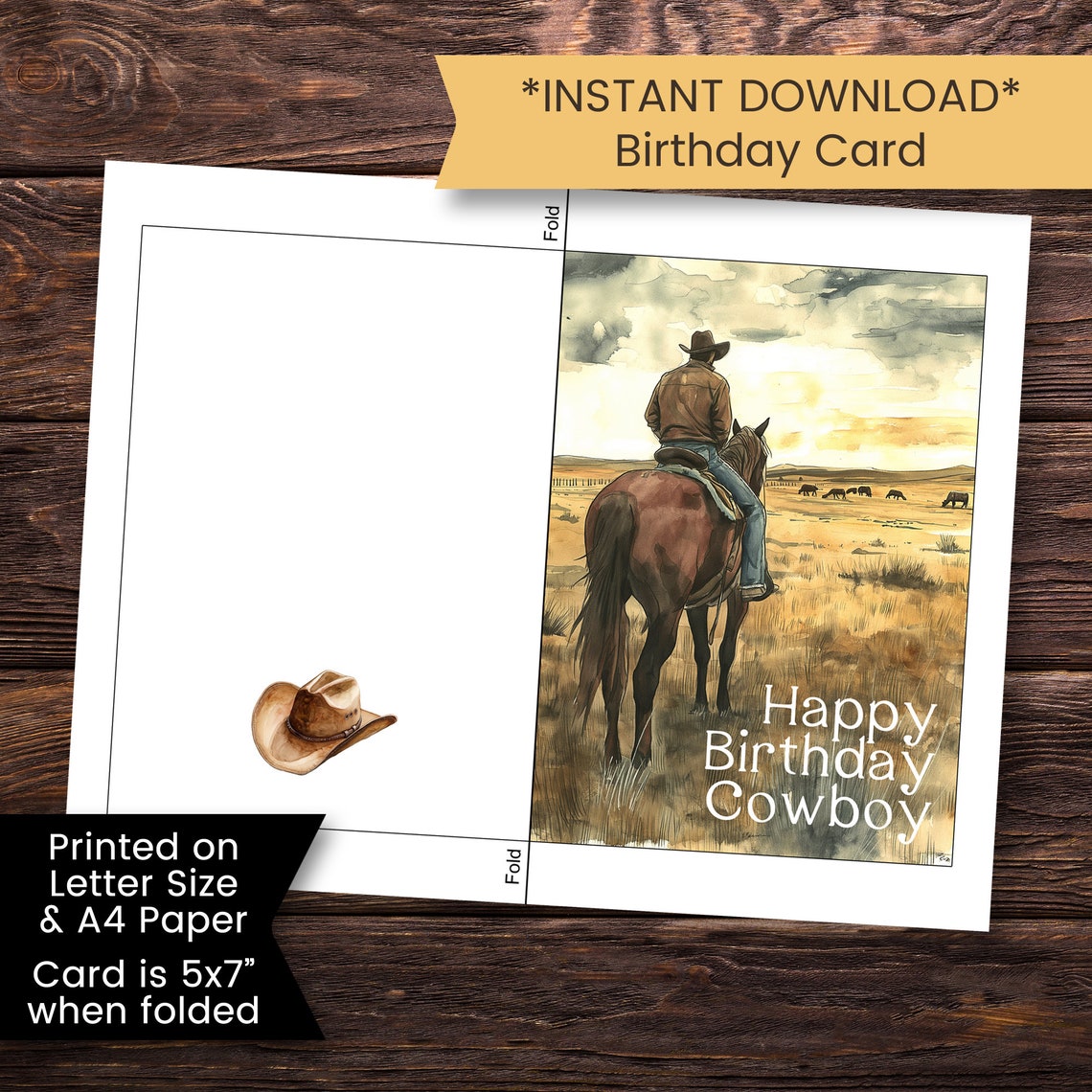 Cowboy Birthday Card, Printable Cowboy Birthday Card for Dad, Horse ...