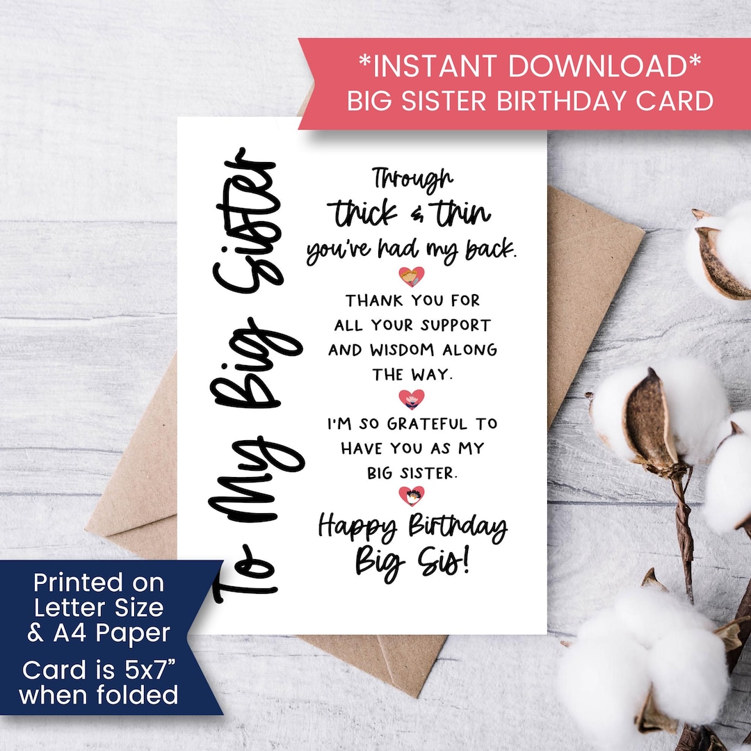 Printable Birthday Card for Big Sister, Birthday Card for Best Sister ...