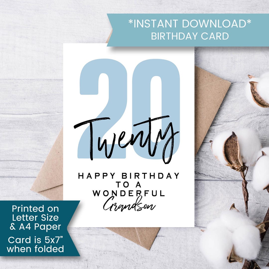 Printable 20th Birthday Card for Grandson, Twentieth Birthday Card for ...