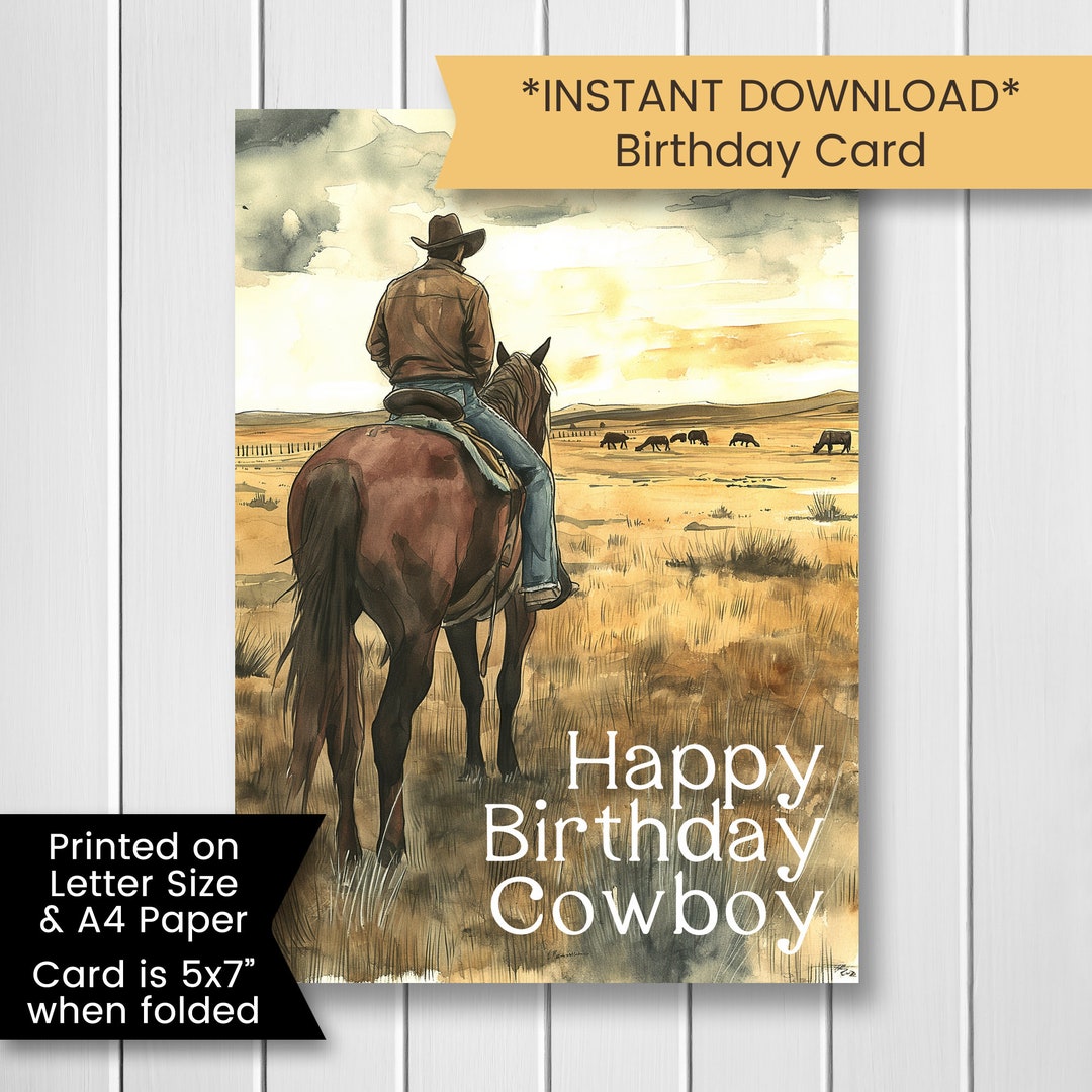 Cowboy Birthday Card, Printable Cowboy Birthday Card for Dad, Horse ...