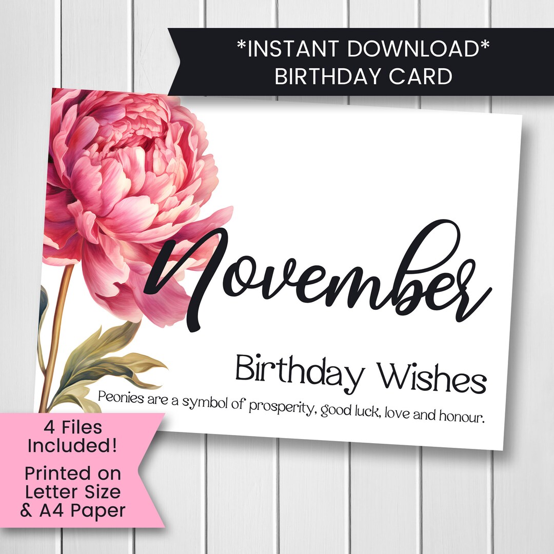 Printable November Birthday Card for Her, Peony Birth Flower Card for ...
