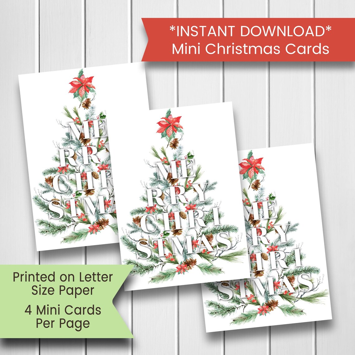 Printable Mini Christmas Cards, Mini Christmas Card, Greenery, Merry ...