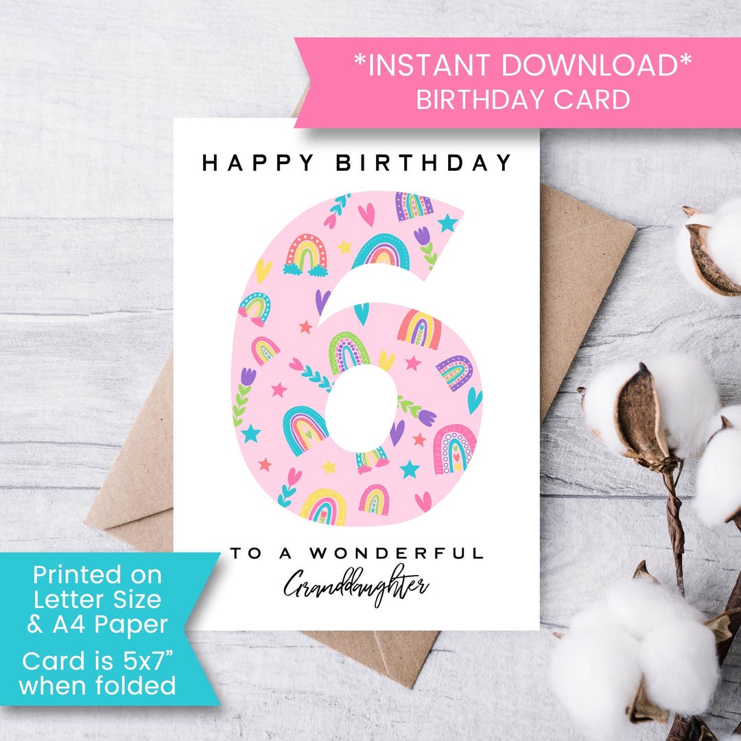 Printable 6th Birthday Card for Granddaughter, Rainbow Birthday Card ...