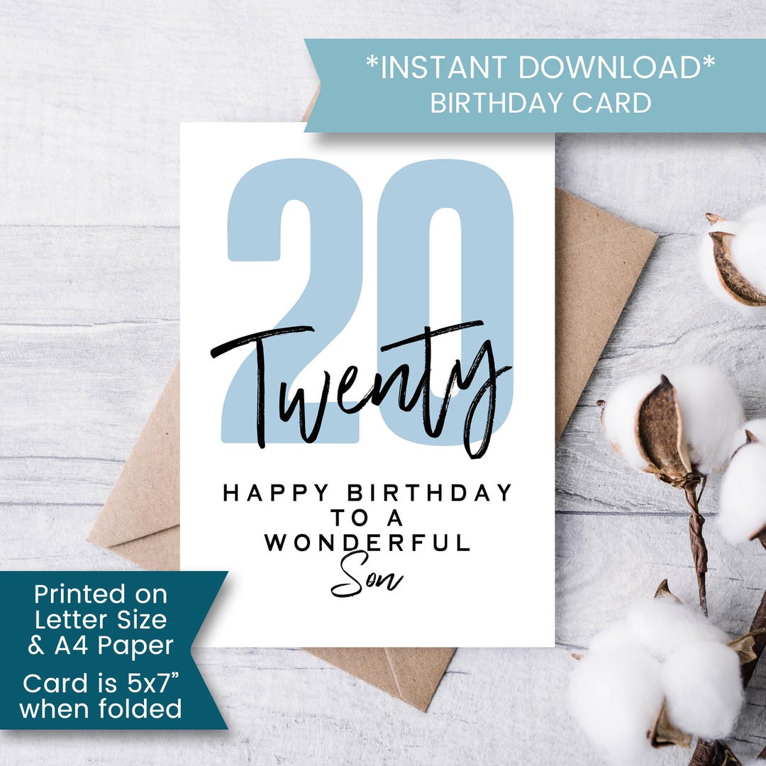 Printable 20th Birthday Card for Son, Twentieth Birthday Card for Him ...
