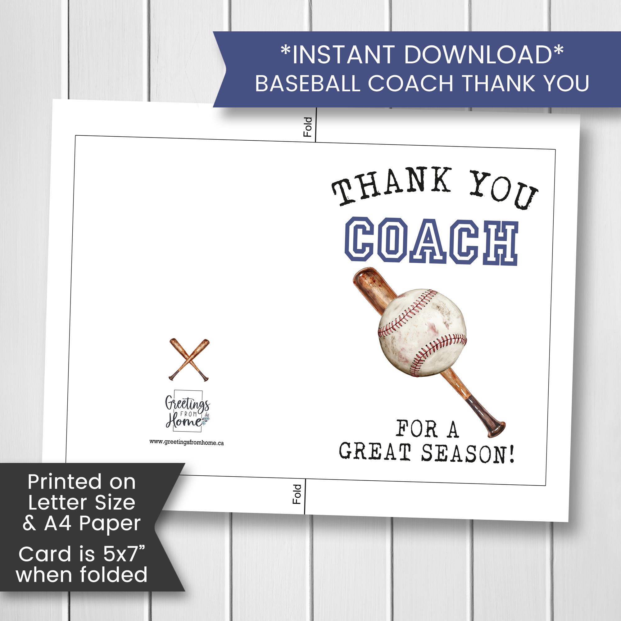 Printable Baseball Coach Thank You Card, Thank You for Baseball Coach ...