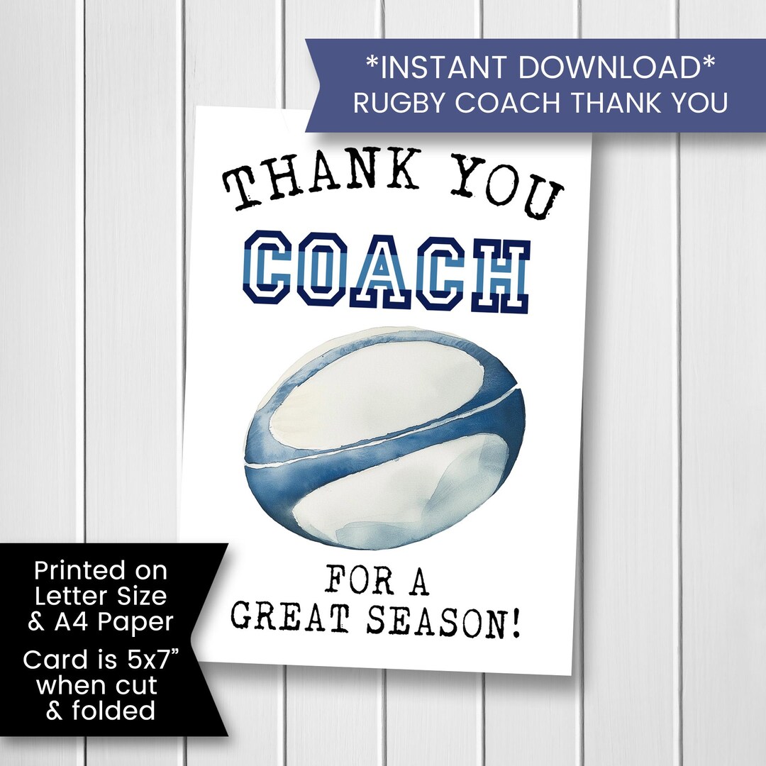 Printable Rugby Coach Thank You Card, Thank You for Rugby Coach ...