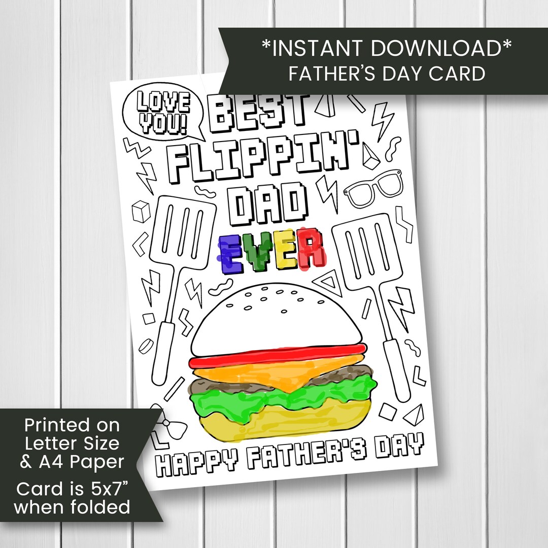 Coloring Father's Day Card for Dad Printable, Burger Birthday Card, BBQ ...