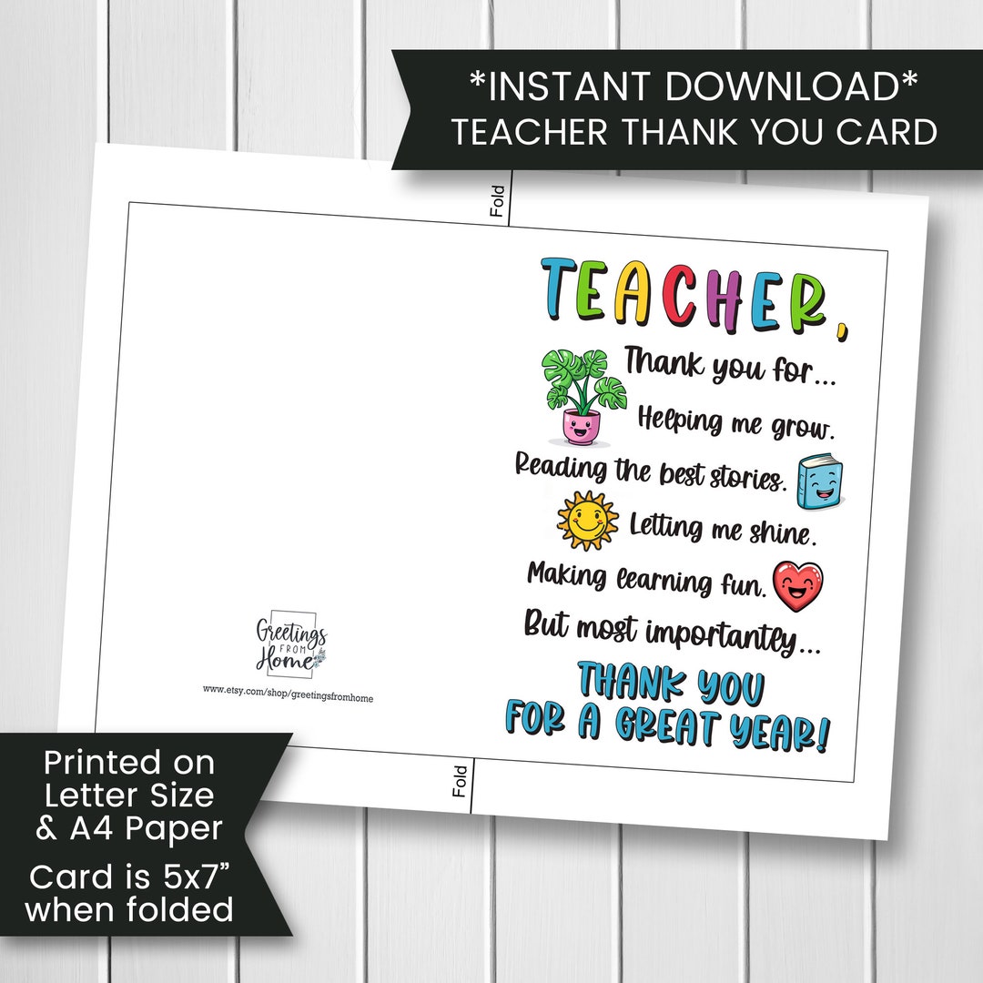 Printable Thank You Card for Teacher, Year End Teacher Card, Teacher ...