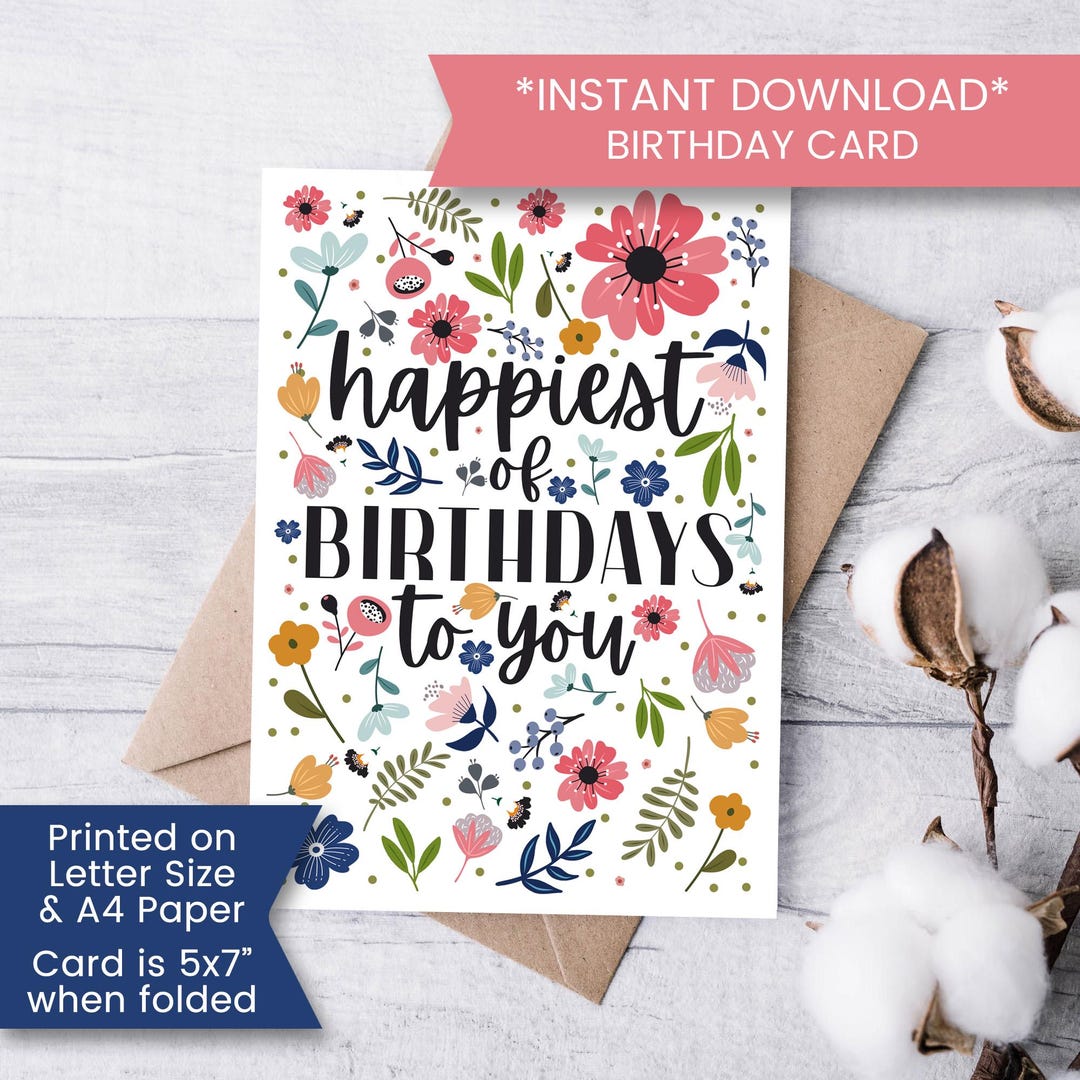 Printable Birthday Card, Floral Happy Birthday Card, Flowers, Boho ...