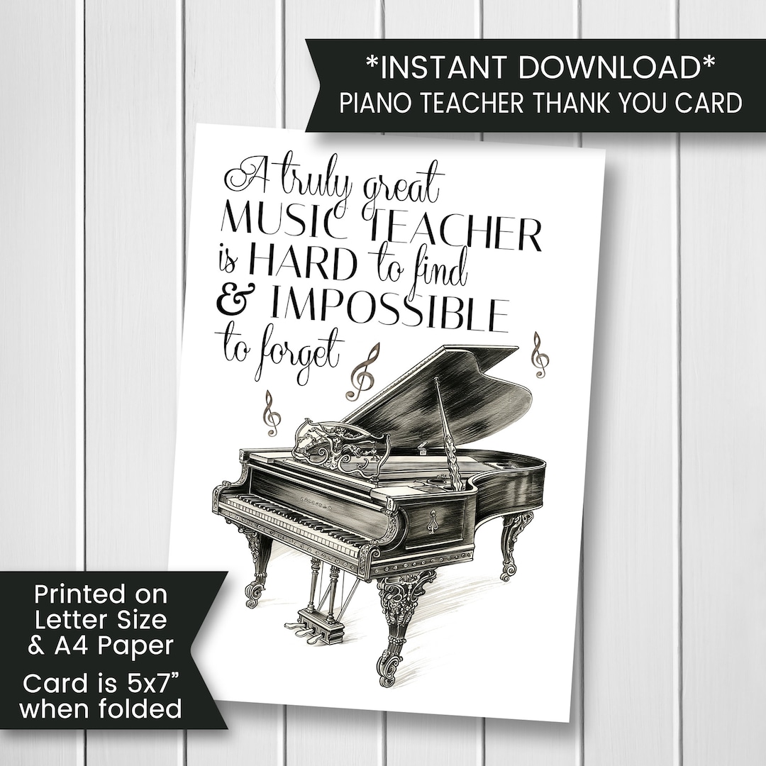 Printable Music Teacher Card, Thank You Card for Piano Teacher, Piano ...