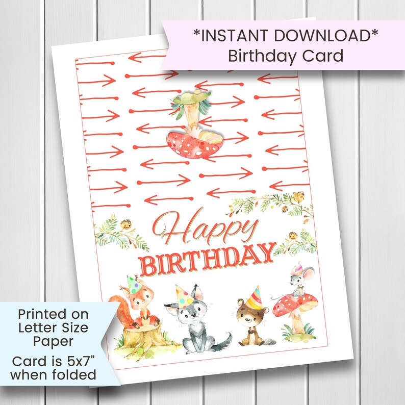 Printable Forest Birthday Card for Child, Forest Animal Birthday Card ...