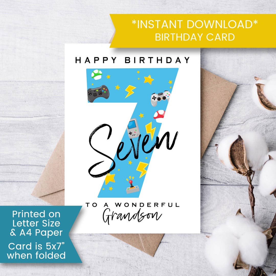Printable 7th Birthday Card for Grandson, Video Game Birthday Card ...