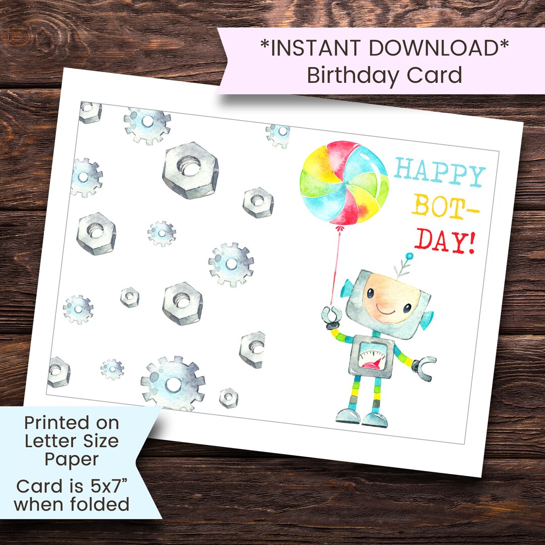 Robot Birthday Card, Printable Robot Birthday Card, Happy Bot-day ...