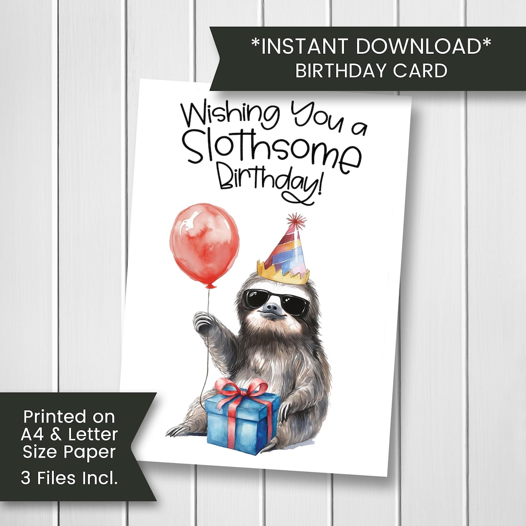 Sloth Birthday Card for Kids Birthday, Printable Sloth Birthday Card ...
