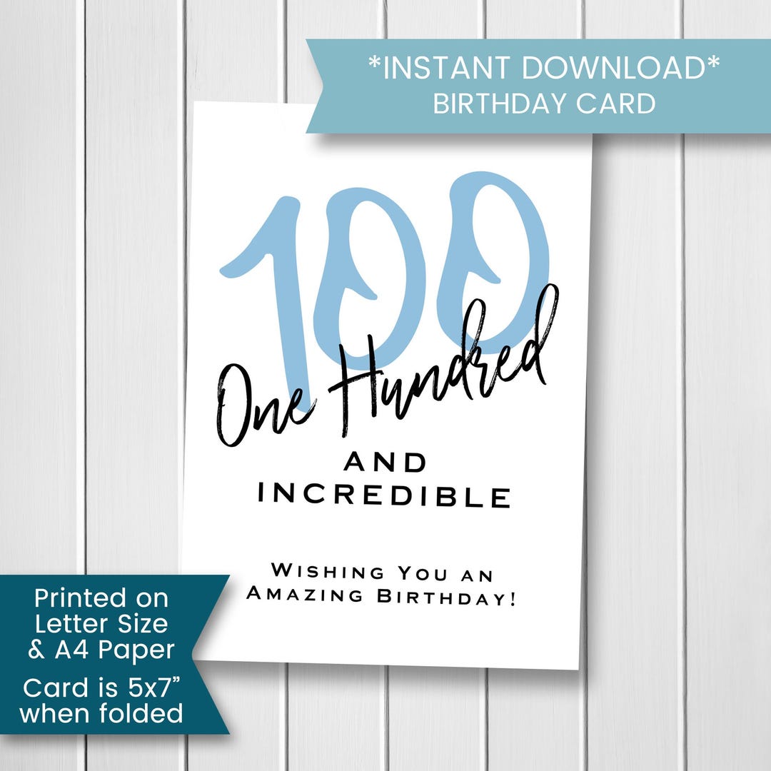 Printable 100th Birthday Card for Grandpa, One Hundredth Birthday Card ...