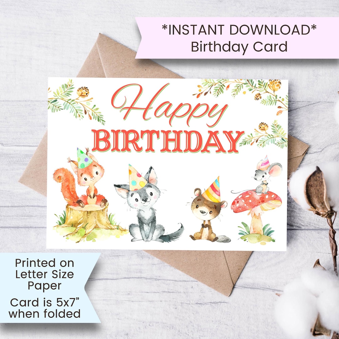 Cute Animal Birthday Card for Kids Birthday Printable, Forest Animal ...