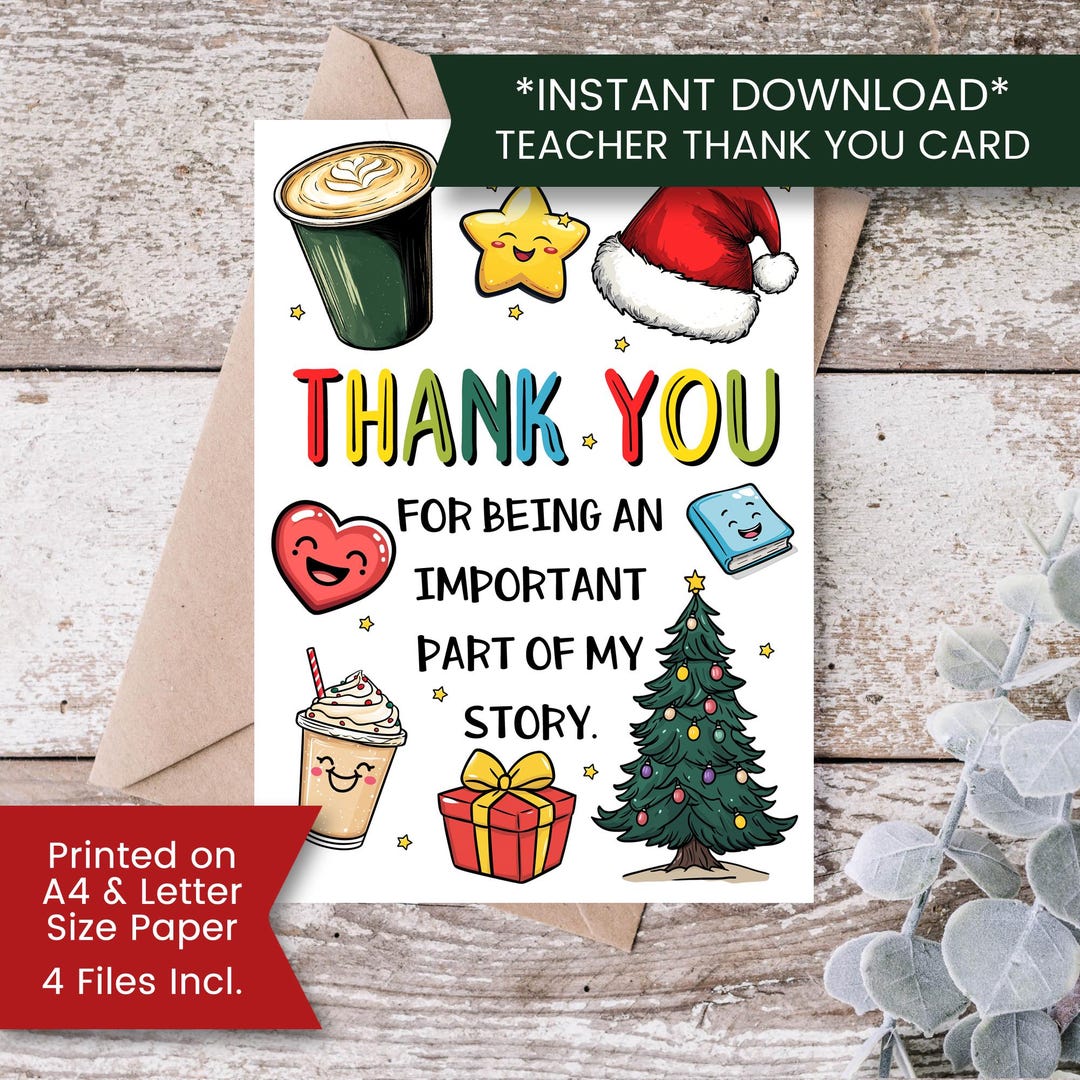 Printable Christmas Thank You Card for Teacher, Christmas Teacher Card ...