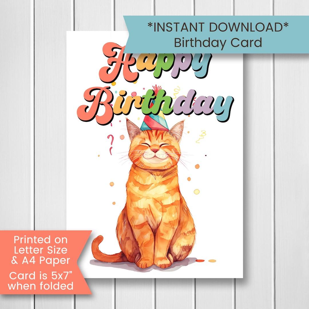 Orange Cat Birthday Card Printable, Marmalade Cat Birthday Card, for ...