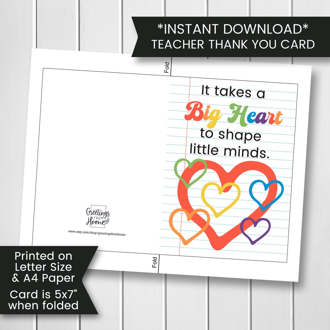 Printable Rainbow Heart Thank You Card for Teacher, Teacher ...