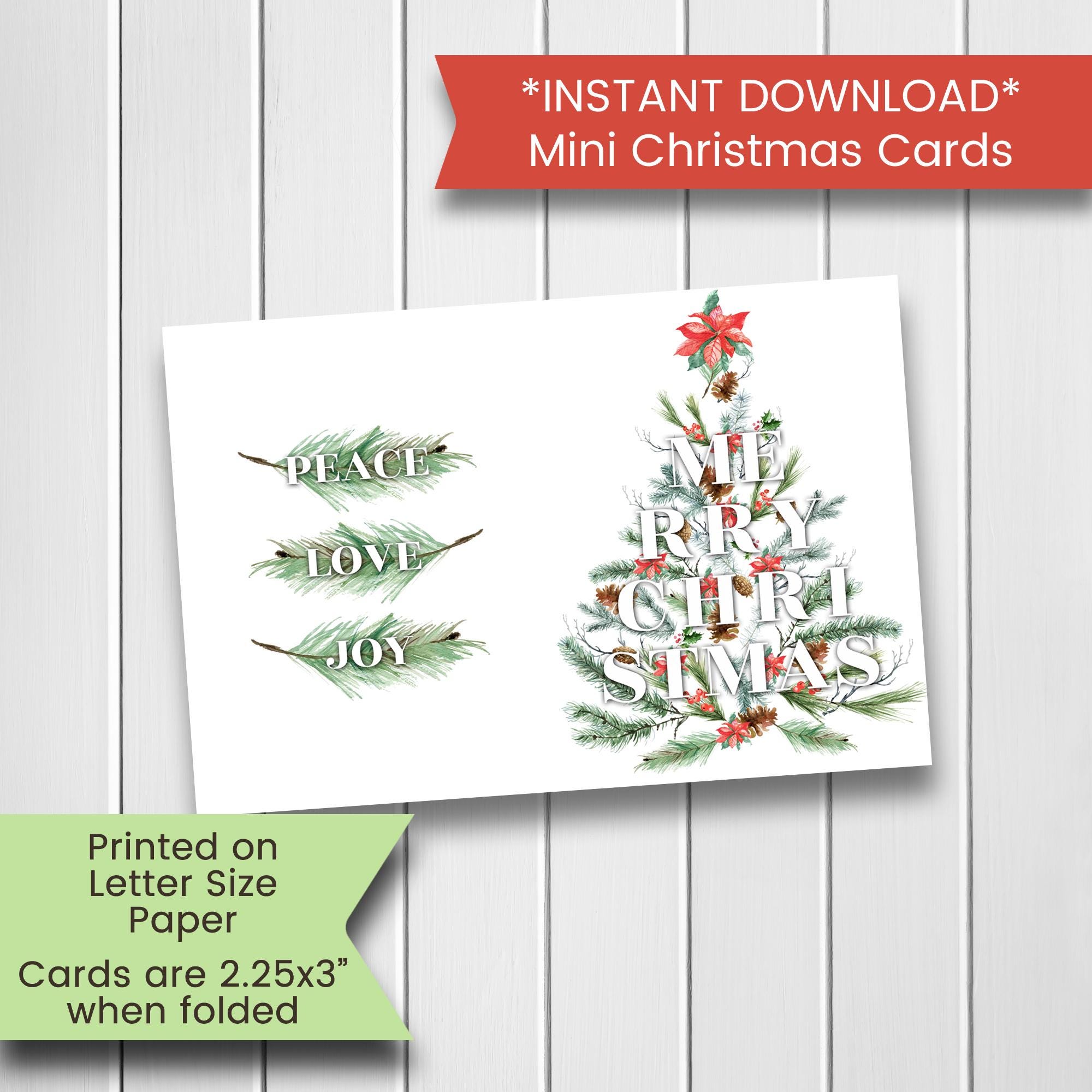 Printable Mini Christmas Cards, Mini Christmas Card, Greenery, Merry ...