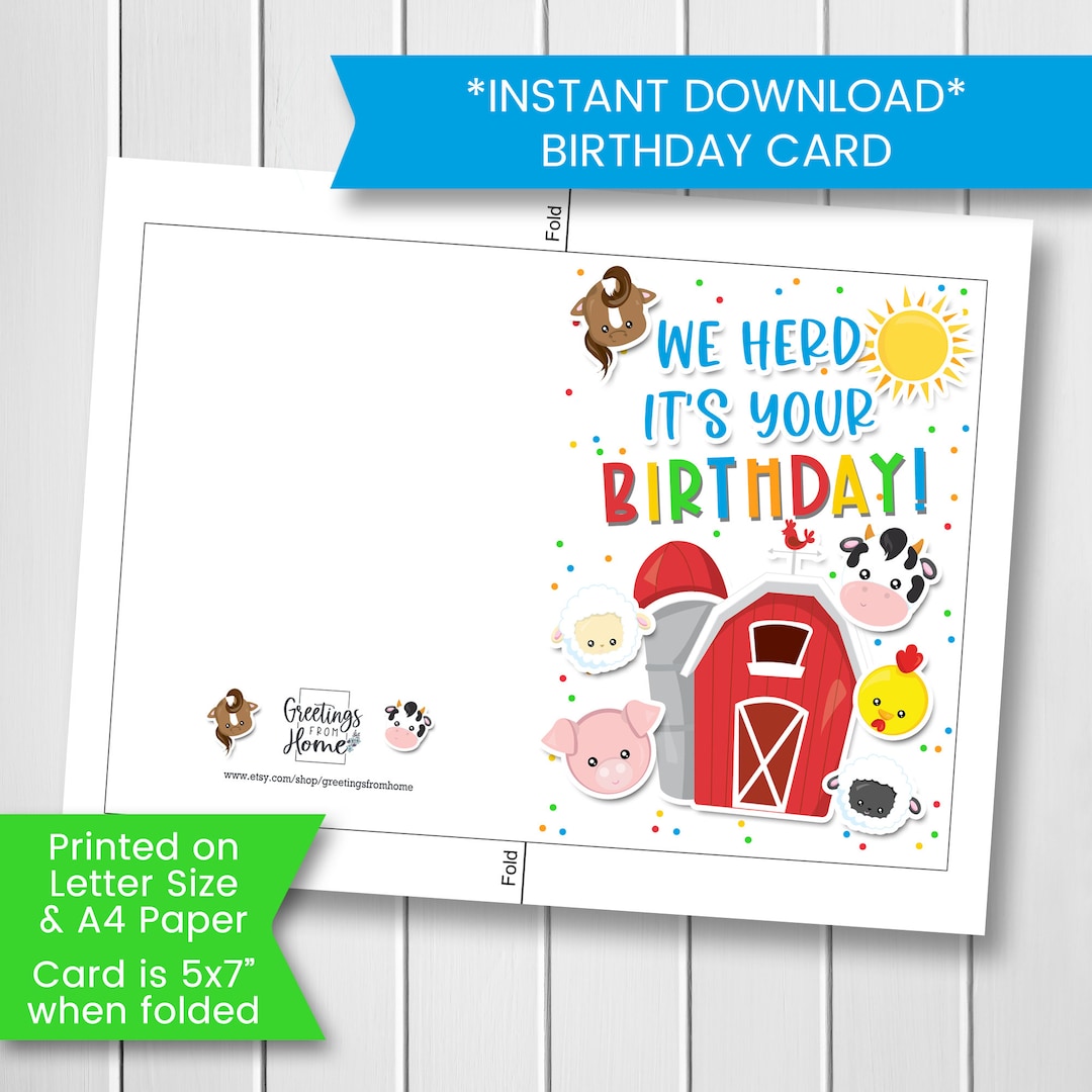 Printable Farm Birthday Card for Him, Farm Animal Birthday Card for Boy ...