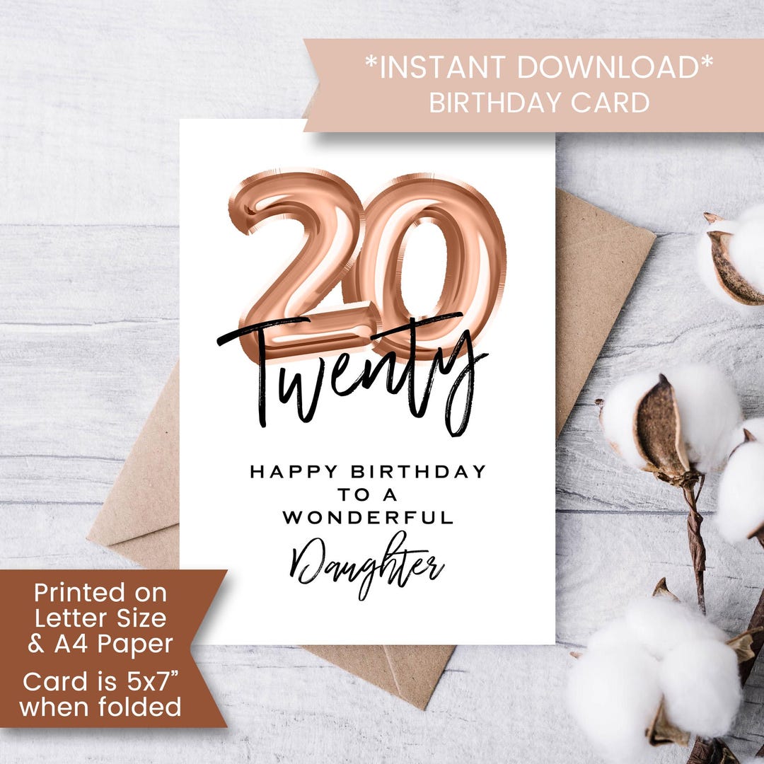 Printable 20th Birthday Card for Daughter, Twenty Birthday Card for ...