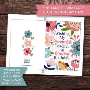 Printable Birthday Card for Teacher, Teacher Birthday Card With Flowers ...