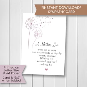 Printable Sympathy Card for Loss of Mother, Sorry for Your Loss Card, Dandelion Thinking of You ...