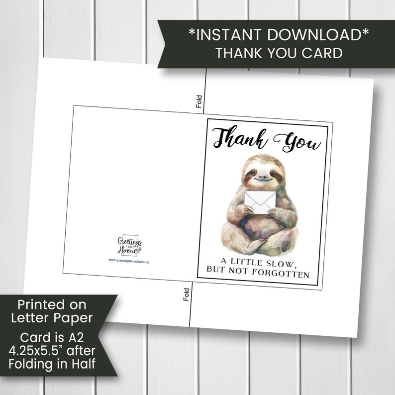 Printable Sloth Thank You Card, Belated Thank You Card for Friend ...