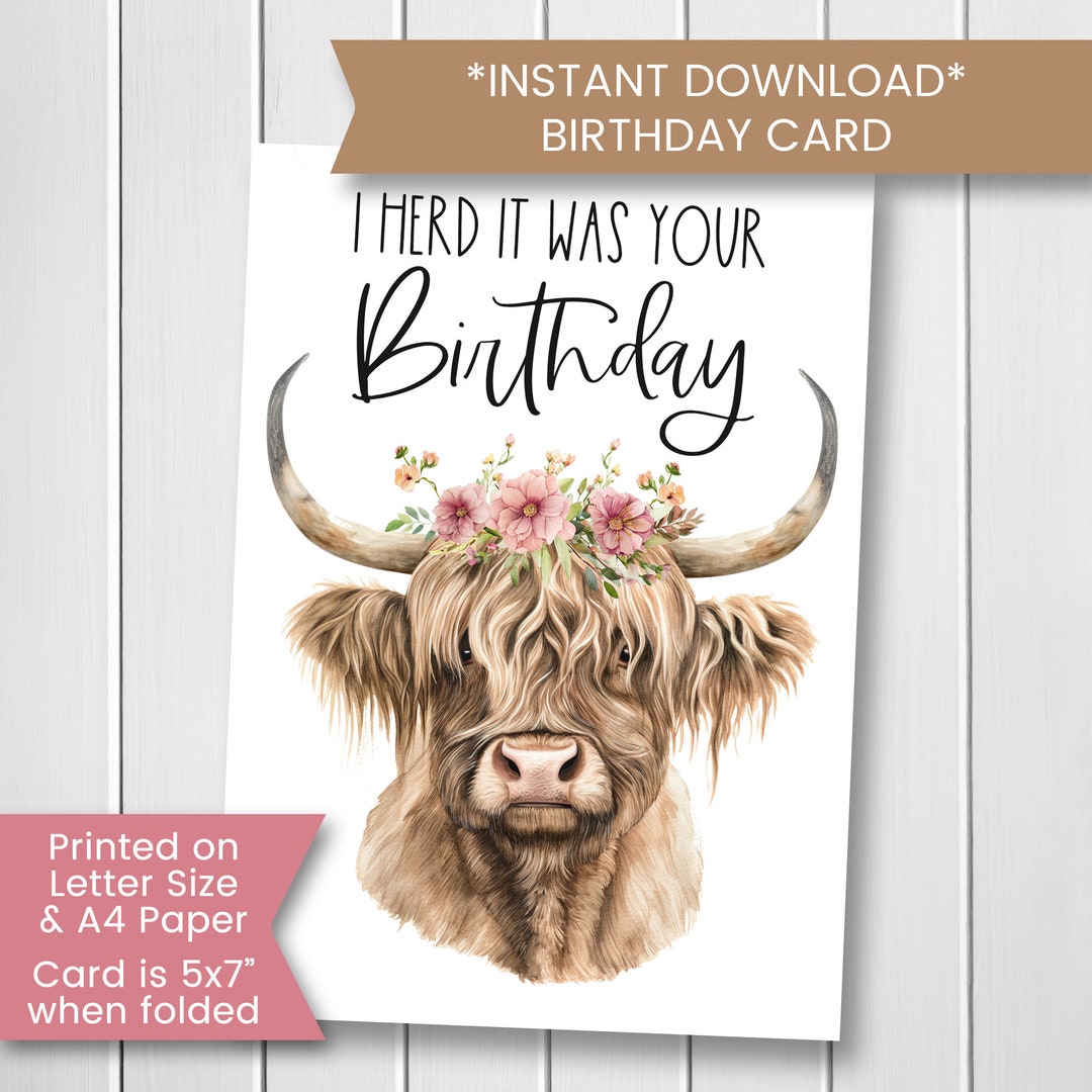 Highland Cow Birthday Card, Birthday Card With Cow, Printable Highland ...