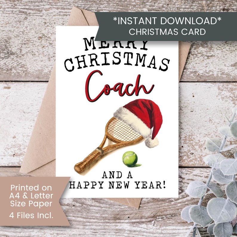 Christmas Card for Tennis Coach, Printable Tennis Coach Christmas Card ...