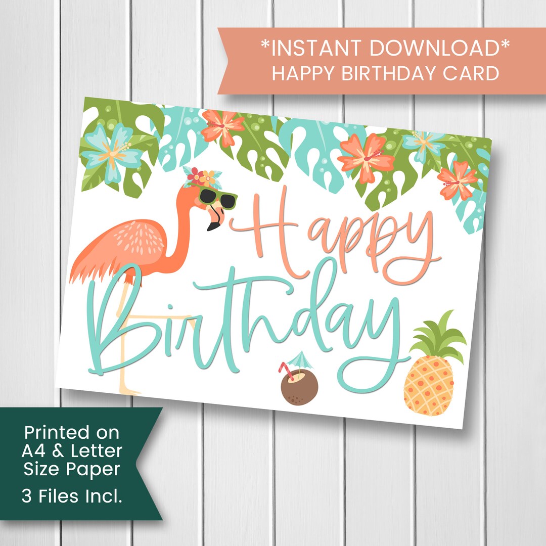 Flamingo Birthday Card, Flamingo Card, Printable Tropical Birthday Card ...