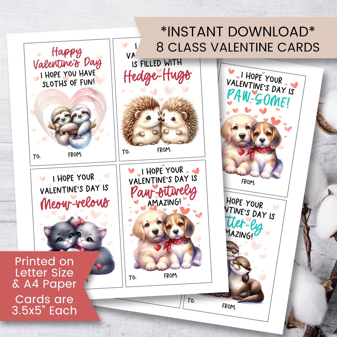 Printable Class Valentine Cards, Animal Valentine's Day Cards for Kids ...
