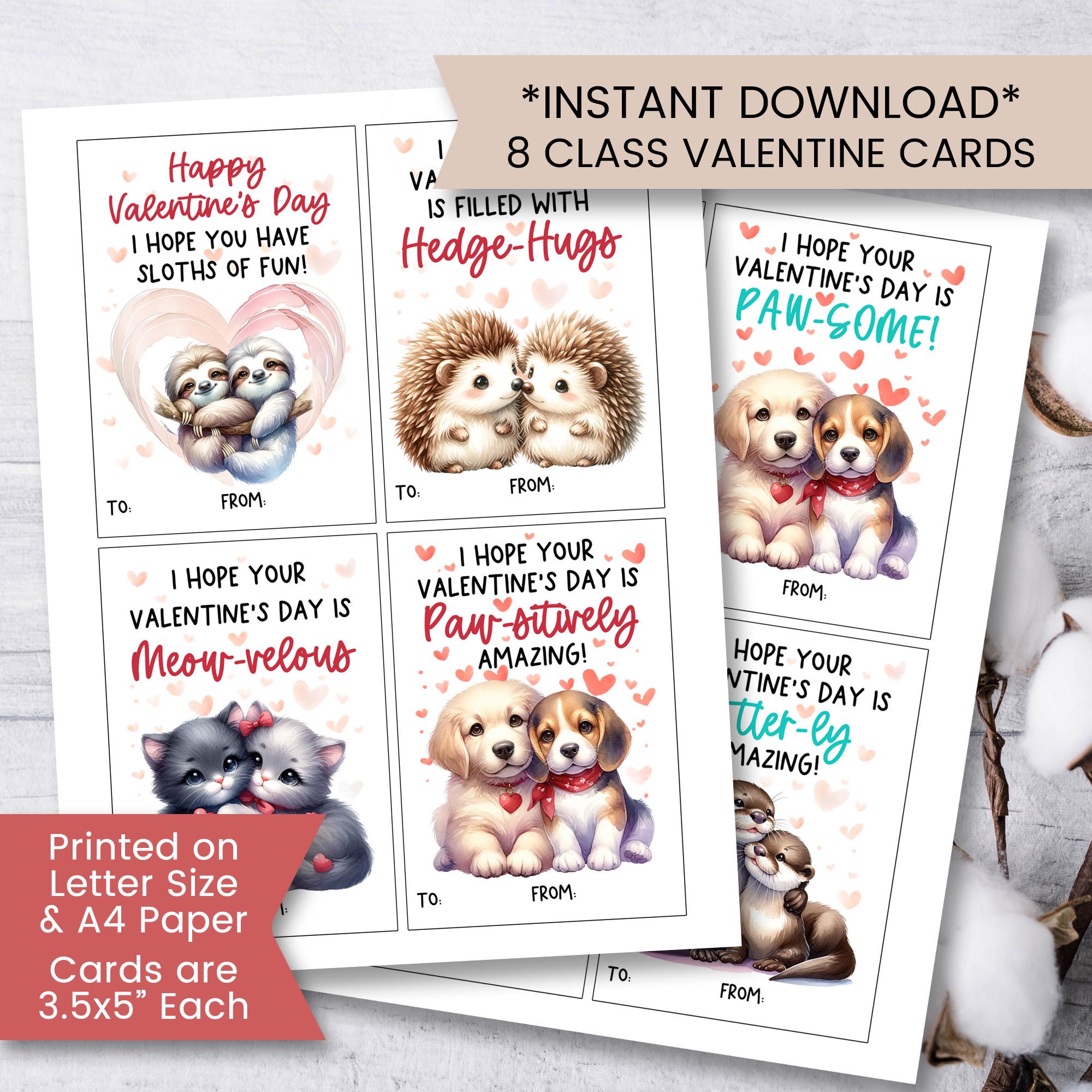 Printable Class Valentine Cards, Animal Valentine's Day Cards for Kids ...