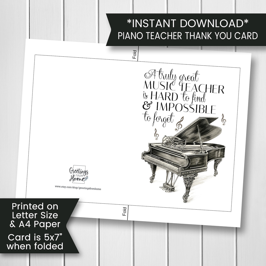 Printable Music Teacher Card, Thank You Card for Piano Teacher, Piano ...